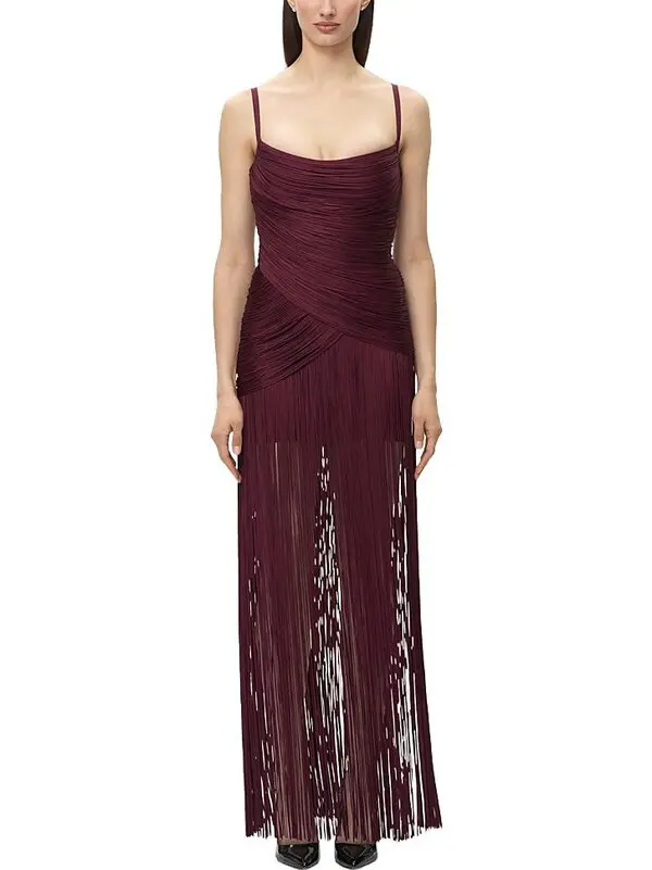 Herve Leger The Carly Draped Fringe Gown - Deep Red
