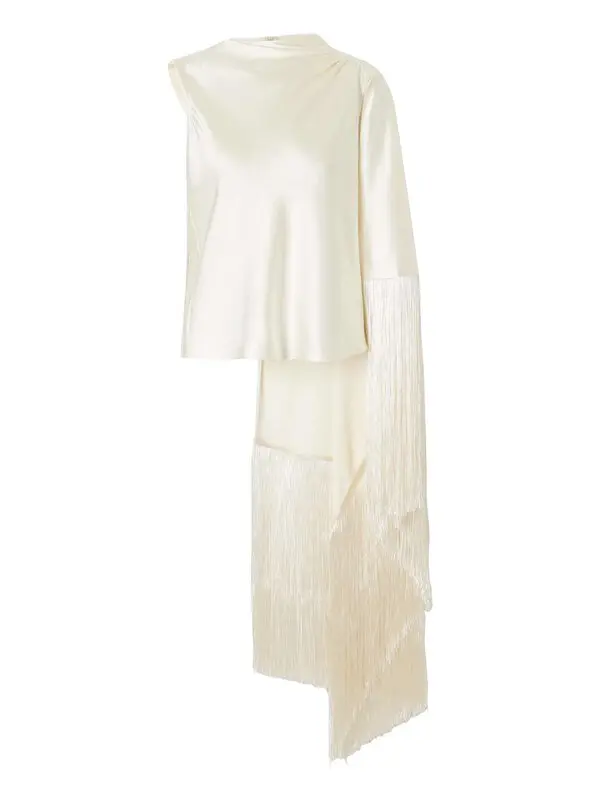SELF-PORTRAIT Asymmetric Fringed Satin Camisole - Cream