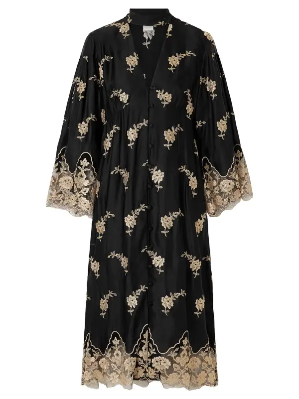 Loretta Caponi Floral-embroidered Lace-trimmed Satin Midi Dress - Black