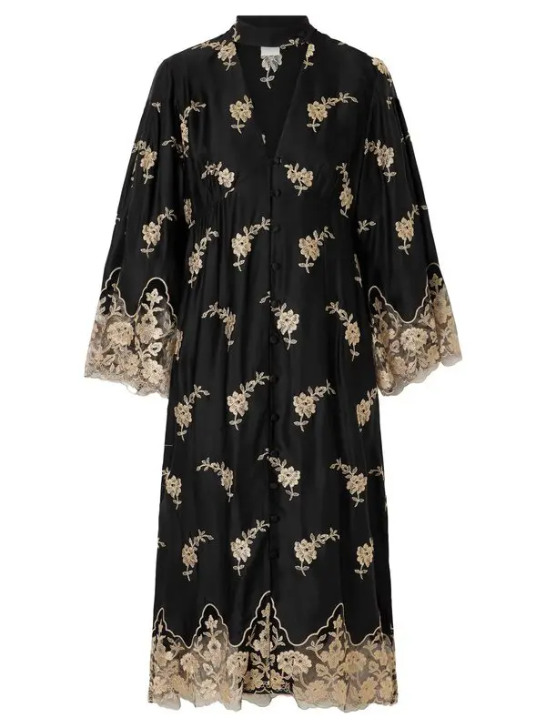 Loretta Caponi Floral-embroidered Lace-trimmed Satin Midi Dress - Black