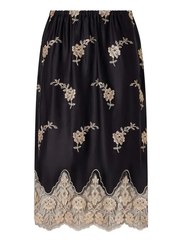 Loretta Caponi Lucinda Floral-embroidered Lace-trimmed Satin Midi Skirt - Black