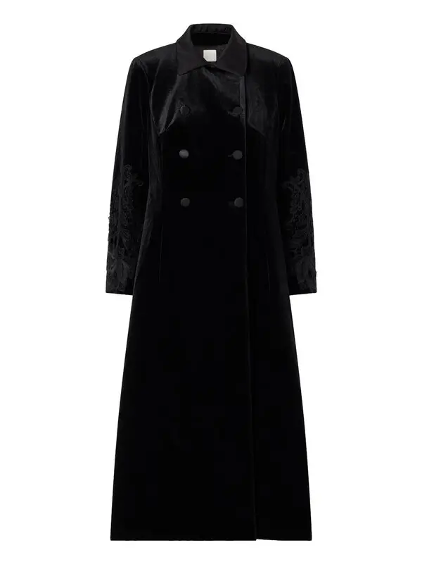 Loretta Caponi Rose Embroidered Velvet Coat - Black