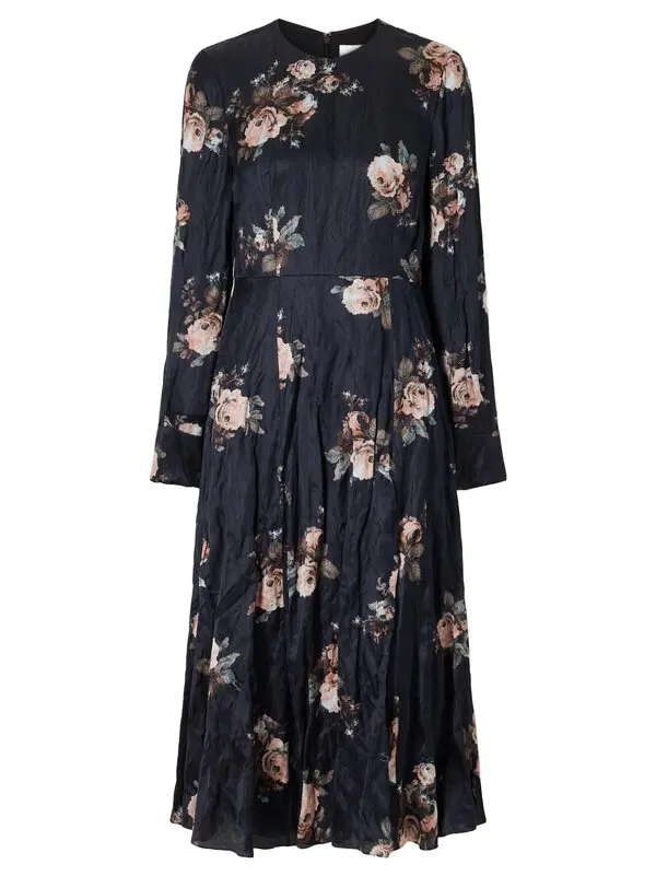 Erdem Floral-print Crinkled-satin Midi Dress - Black