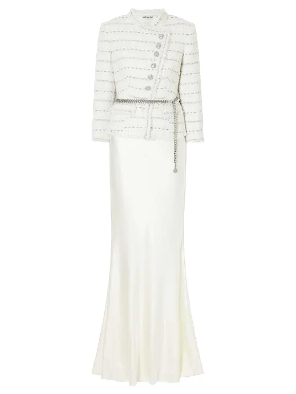 SELF-PORTRAIT Belted Satin And Bouclé Maxi Dress - White