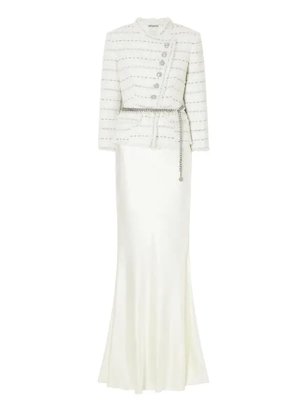 SELF-PORTRAIT Belted Satin And Bouclé Maxi Dress - White