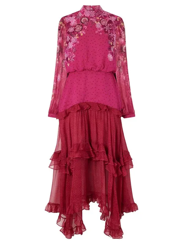 Saloni Jolie-c Asymmetric Tiered Floral-print Silk-georgette Maxi Dress - Pink