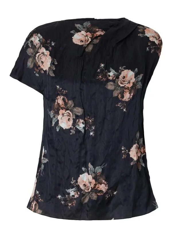 Erdem Asymmetric Draped Floral-print Metallic Crinkled-satin Blouse - Black