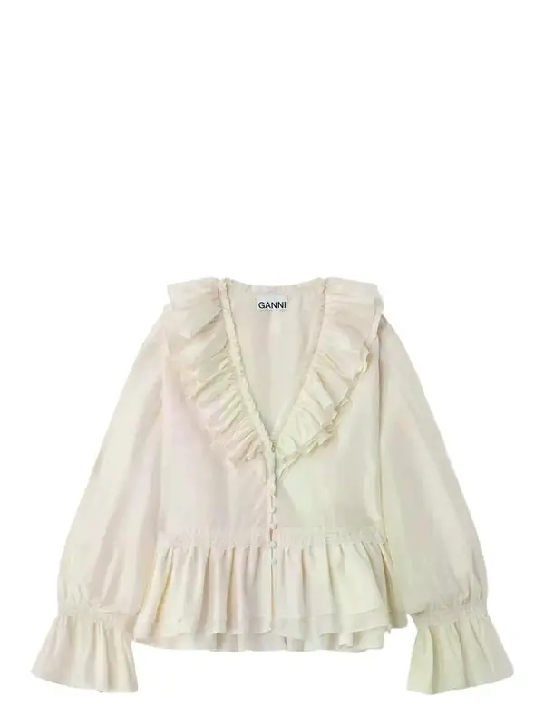 GANNI Ruffled Lace-trim Blouse - Neutrals