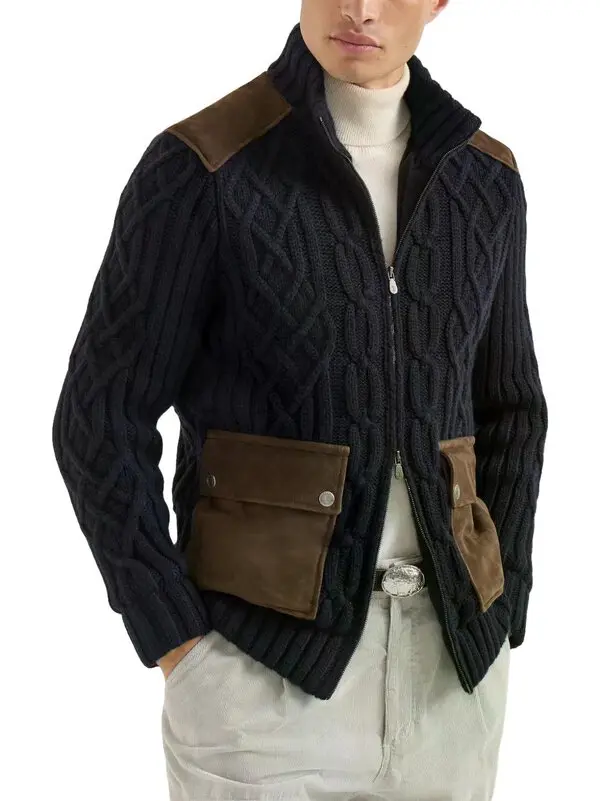 Brunello Cucinelli Cable Knit Cardigan In Cashmere Feather Yarn With Suede Inserts And Zipper - Blue