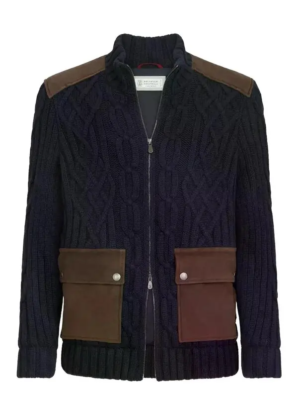 Brunello Cucinelli Cashmere Feather Yarn Cable Knit Cardigan With Suede Inserts - Blue