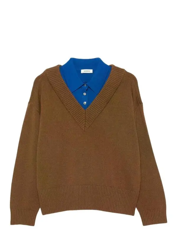 Sandro V-neck Ribbed-trim Polo Sweater - Brown