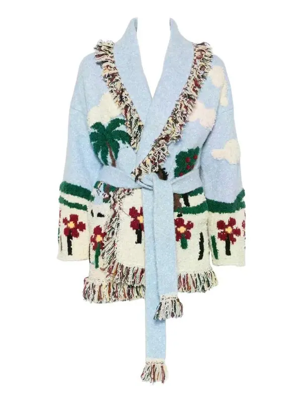 Alanui Fringe-trim Intarsia-knit Cardigan - Blue