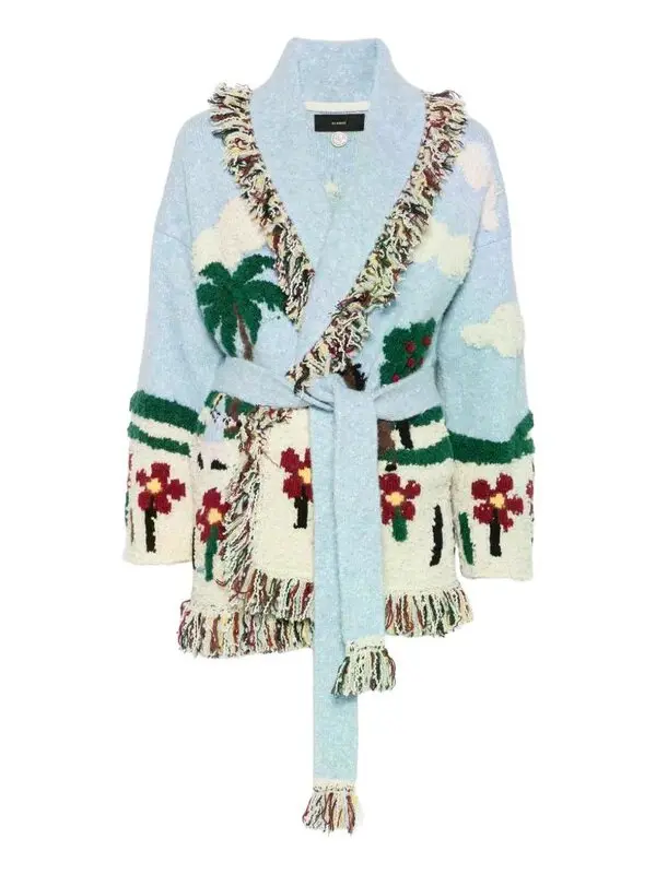 Alanui Fringe-trim Intarsia-knit Cardigan - Blue