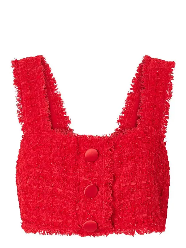 Dolce & Gabbana Cropped Frayed Metallic Cotton-blend Tweed Top - Red