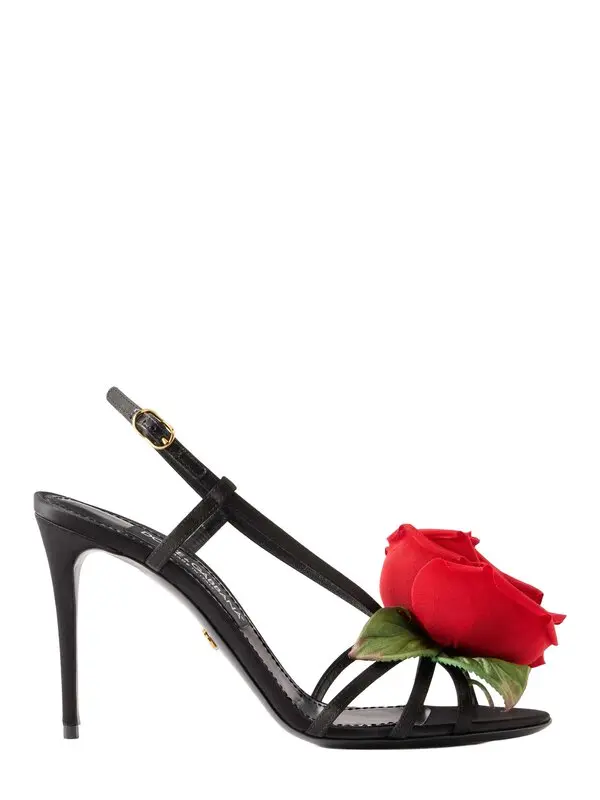 Dolce & Gabbana Floral-appliqué Satin Sandals - Black