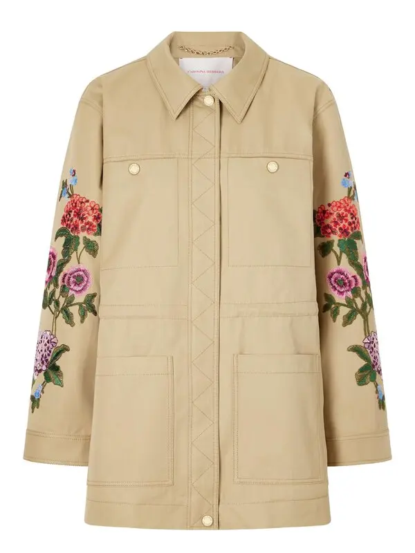 Carolina Herrera Floral-embroidered Cotton-gabardine Jacket - Camel