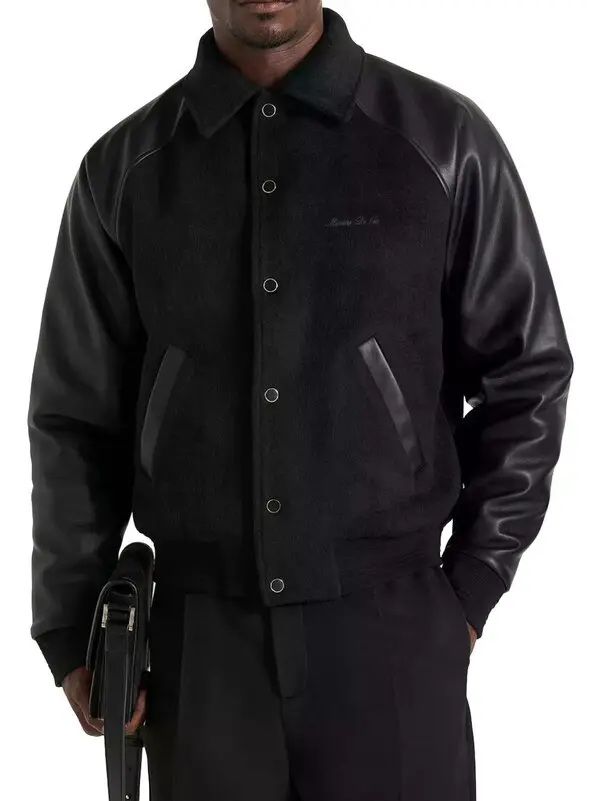 Manière De Voir Olivier In Wool & Leather Raglan Varsity Jacket - Black