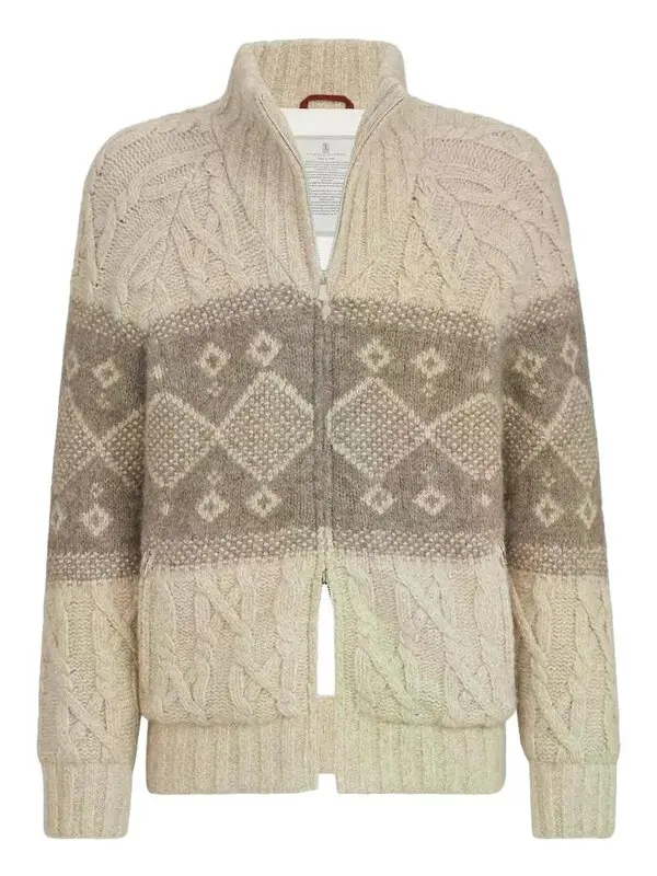 Brunello Cucinelli Virgin Wool, Silk And Cashmere Chiné Cable Knit Down Jacket With Intarsia - Neutrals