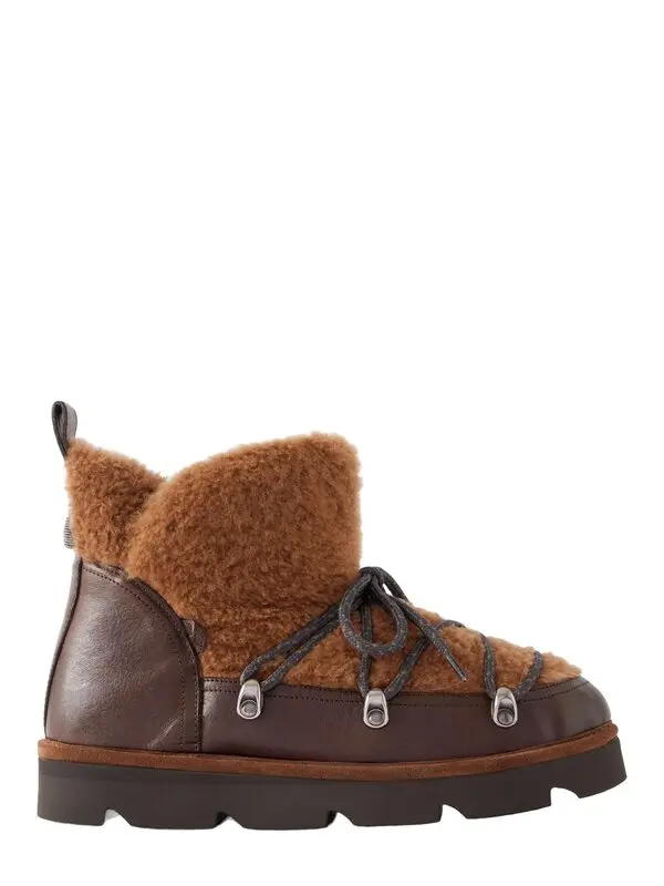 Brunello Cucinelli Bead-embellished Shearling-trimmed Leather Ankle Boots - Brown
