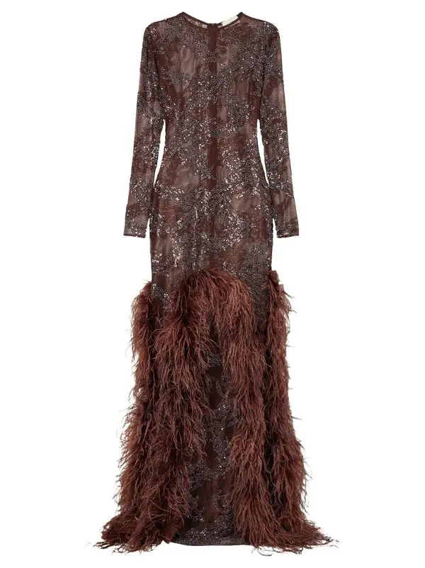 ILKYAZ OZEL Byblos Feather-trimmed Sequin-embellished Mesh Gown - Purple