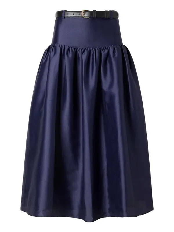 SELF-PORTRAIT Gathered Taffeta Midi Skirt - Navy