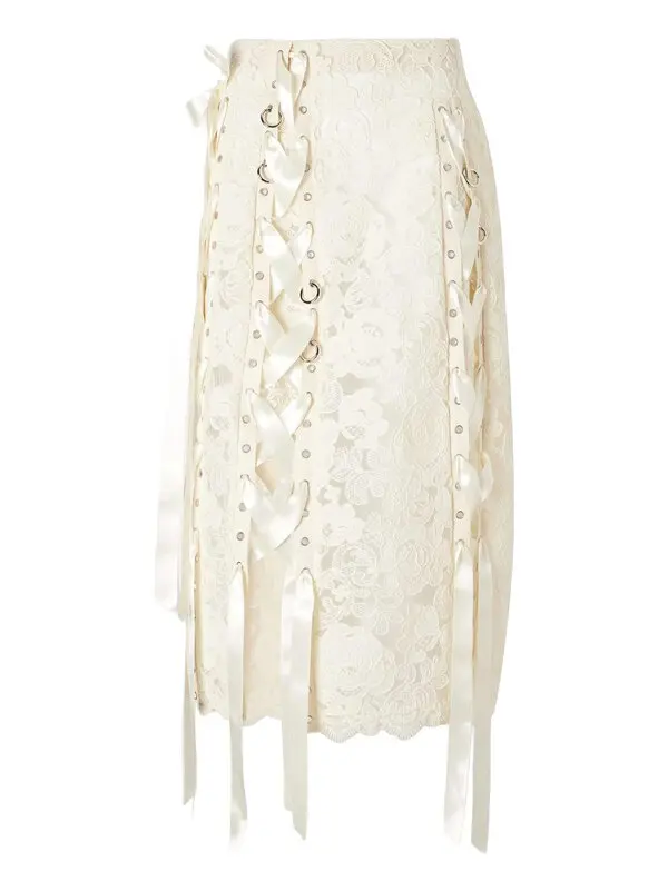 Simone Rocha Unraveling Ribbon Ring Asymmetric Embellished Lace And Satin Midi Skirt - Ecru