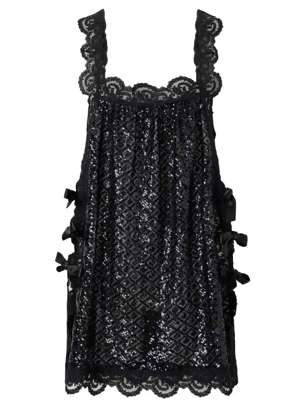 Loretta Caponi Fiocchini Bow-detailed Sequin-embellished Lace-trimmed Organza Mini Dress - Black
