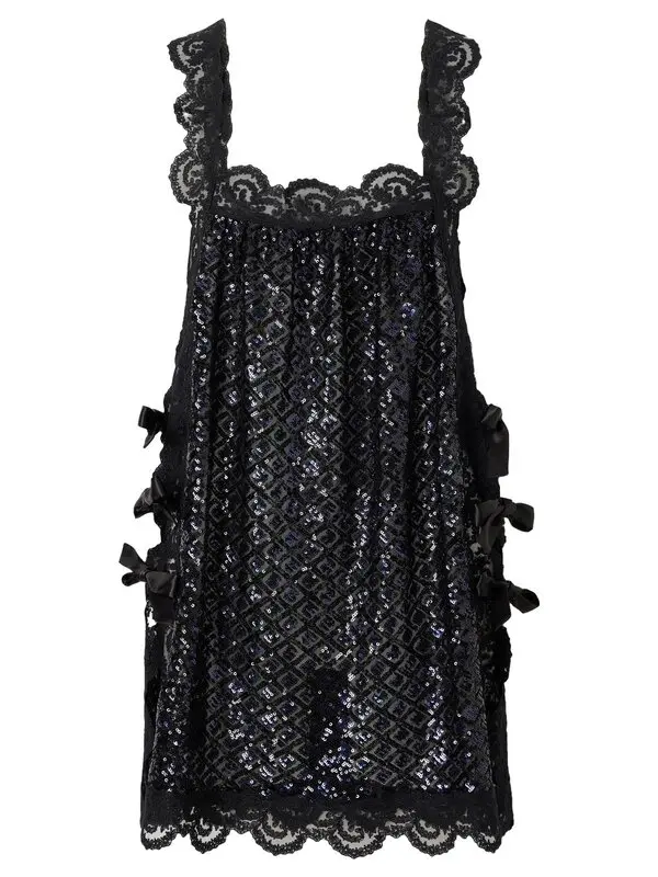 Loretta Caponi Fiocchini Bow-detailed Sequin-embellished Lace-trimmed Organza Mini Dress - Black