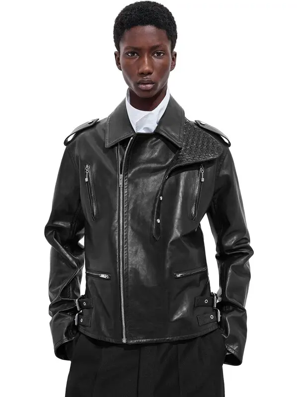 Bottega Veneta Rubbery Leather Biker Jacket - Double Black