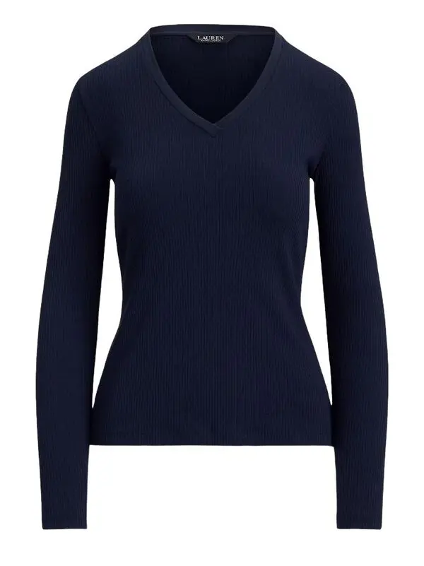 Ralph Lauren Rib-knit Long-sleeve V-neck Top - Navy