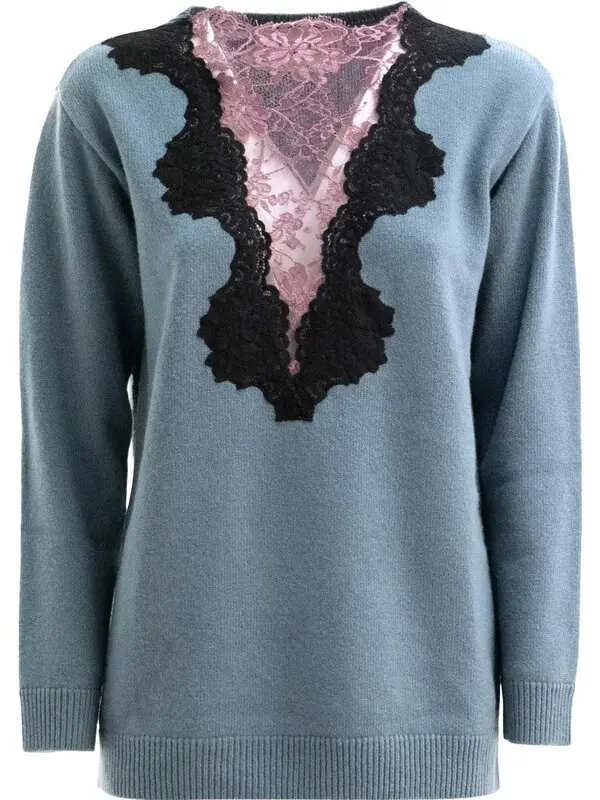 Valentino Garavani Wool Sweater With V-neck And Lace Inserts - Blue