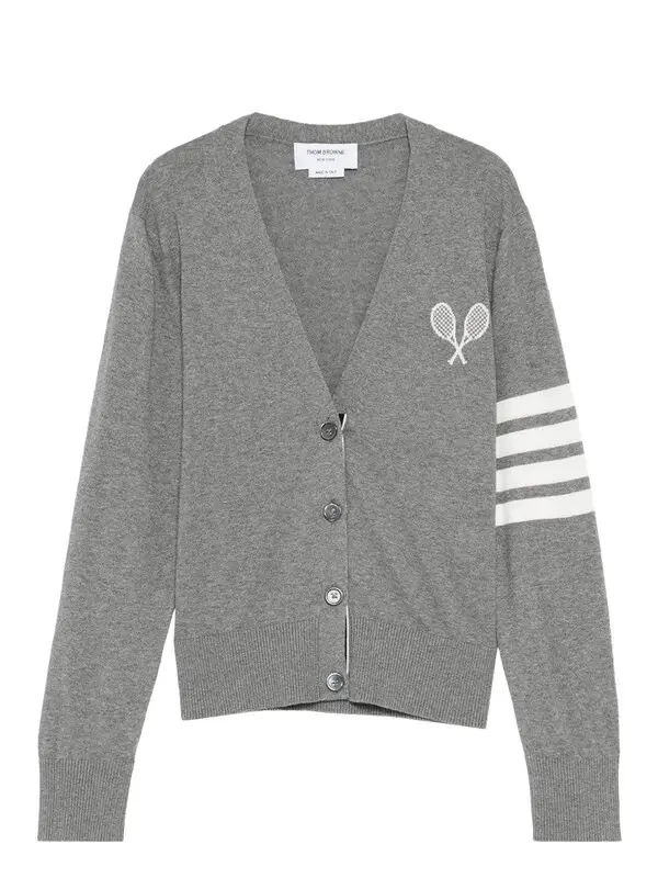 Thom Browne Tennis Racquets Intarsia Neck Cardigan 'light - Grey