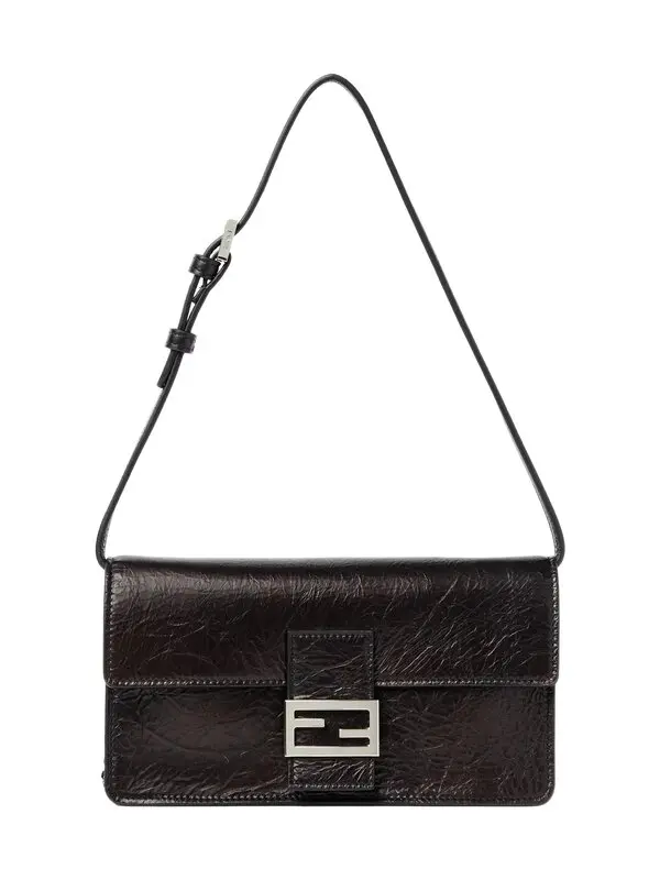 Fendi Leather Shoulder Wallet With Ff Baguette Metal Logo, 11.5 Cm X 21 Cm X 5.5 Cm, Six Card Slots - Nero