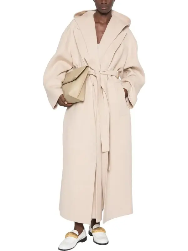 Sportmax 100% Virgin Wool Loose-fit Coat With Removable Inner Bib And Hood, Horn-effect Button Closure, Waist Belt, Side Flap Pockets - Beige