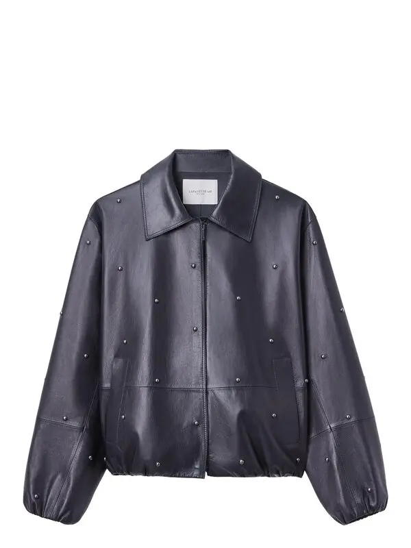 Lafayette 148 New York Studded Leather Bomber Jacket - Blue