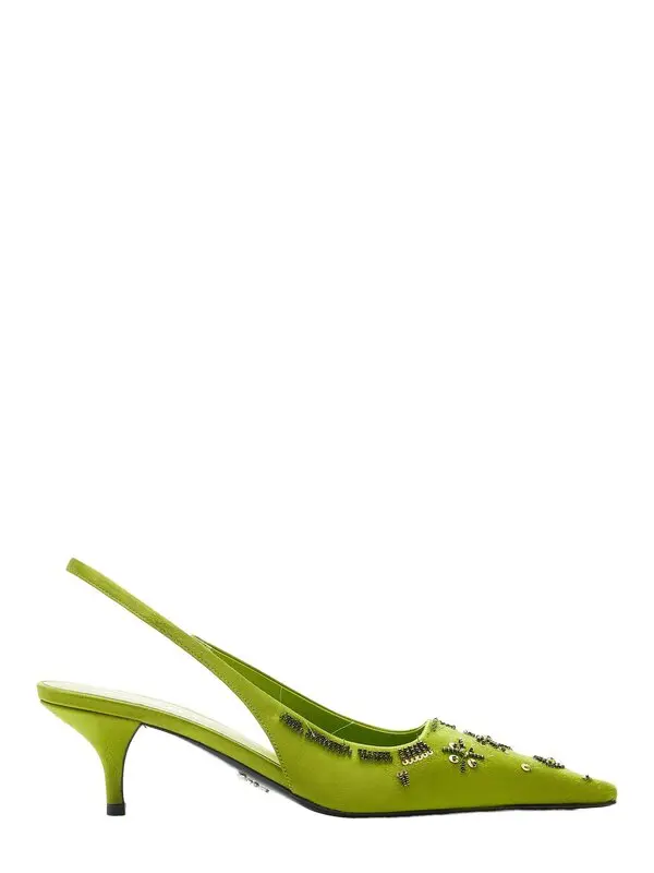 Prada Embellished Satin Slingback Pumps - Green