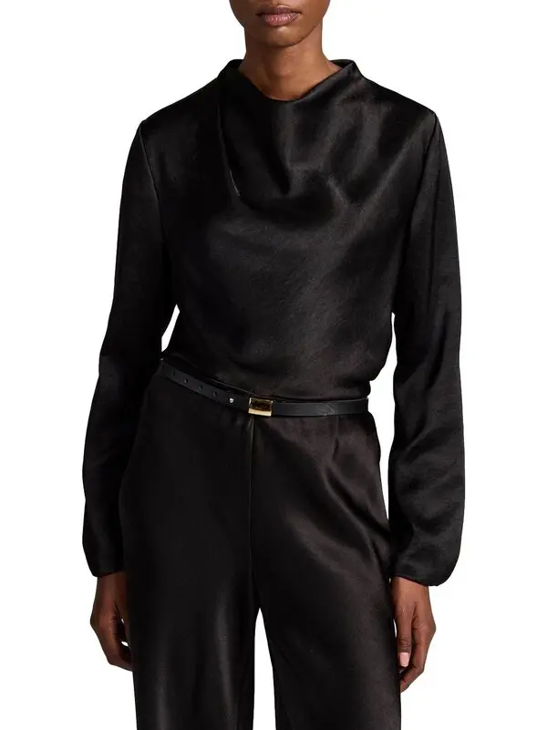 Vince Satin Draped Cowl-neck Long-sleeve Top - Black