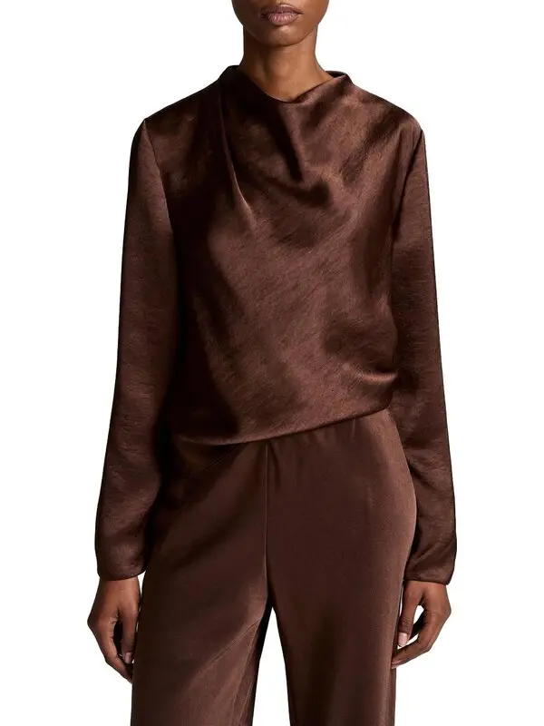 Vince Satin Draped Cowl-neck Long-sleeve Top - Espresso