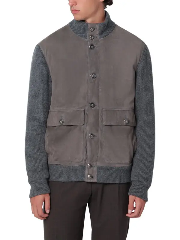 Brunello Cucinelli Steel Padded Leather And Cashmere Jacket - Grey