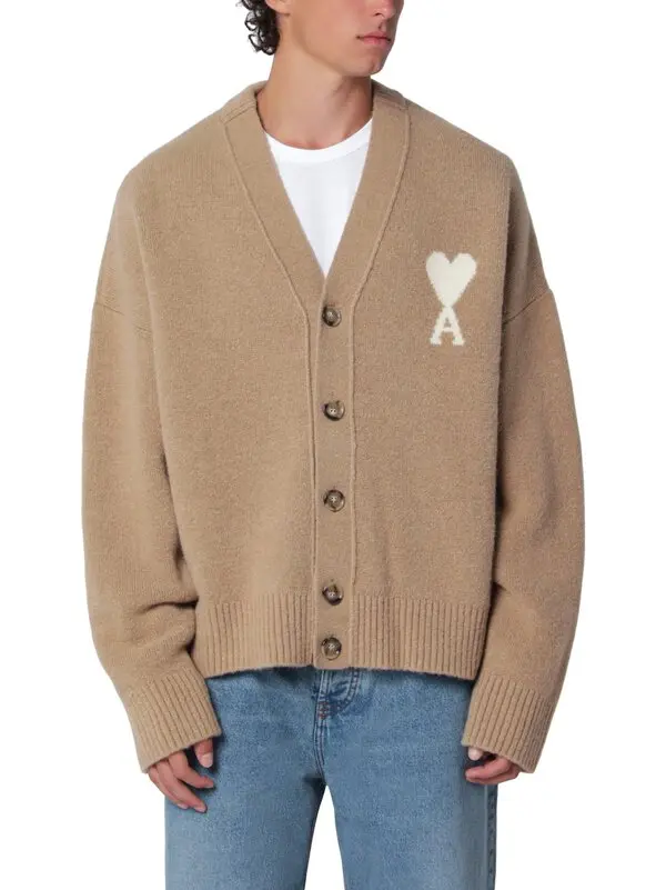 AMI Paris De Coeur Cardigan In Alpaca Blend - Beige