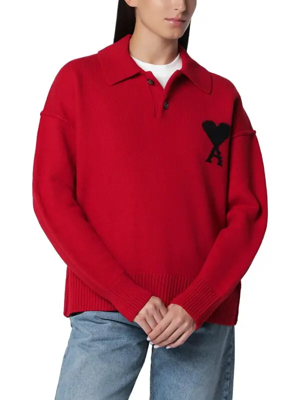 AMI Paris De Coeur Polo Jumper In Wool - Red