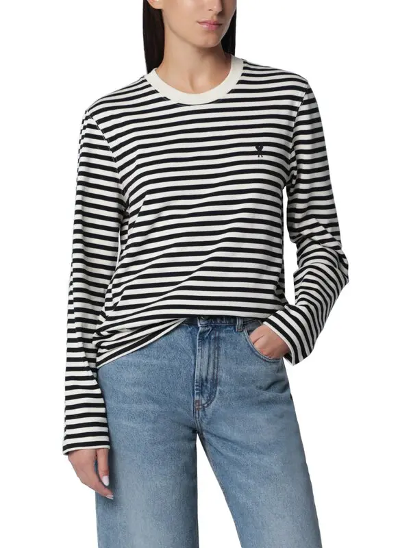 AMI Paris Ivory Striped De Coeur T-shirt - Black
