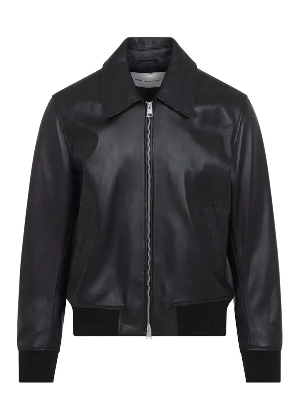 AMI Paris Zipped Leather Jacket - Black