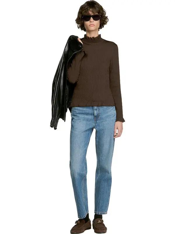 Sandro Smocked T-shirt With Ruffled Collar - Brown