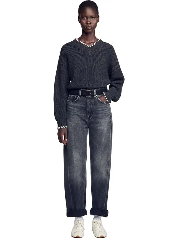 Sandro Braided V-neck Sweater - Grey