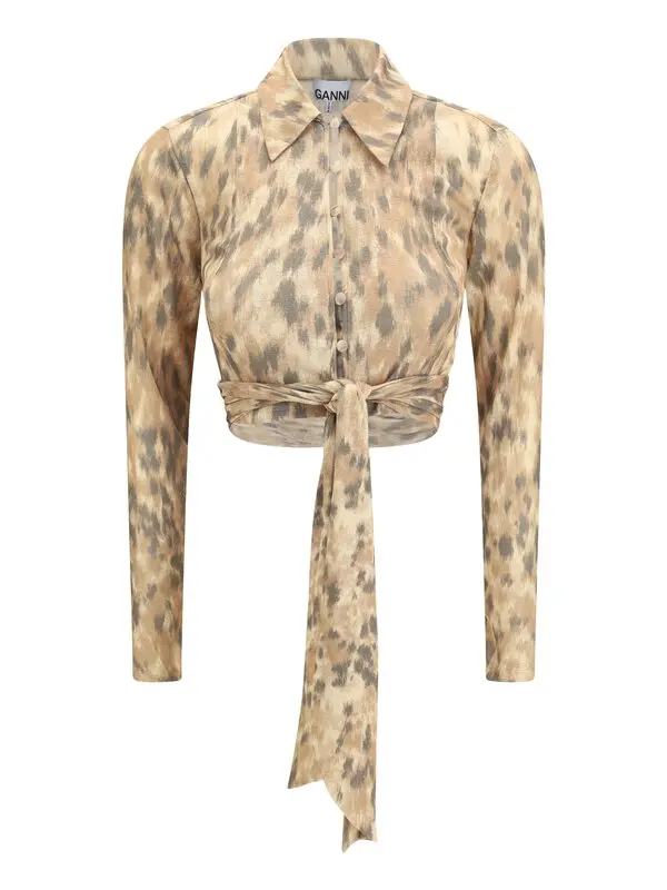 GANNI Printed Marl Mesh Tie Blouse - Cream