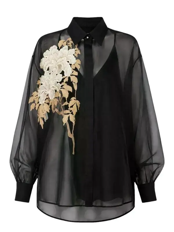 Max Mara Floral-embroidery Silk Shirt - Black