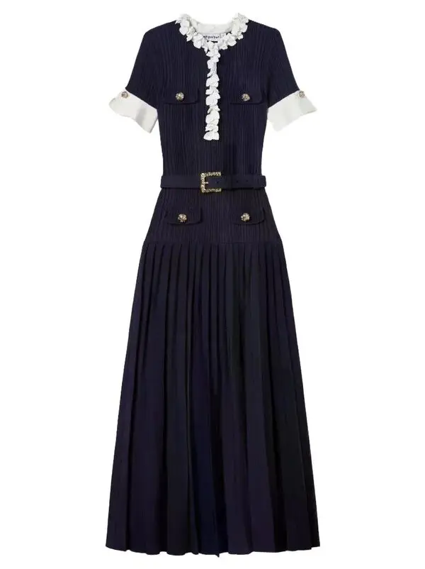 SELF-PORTRAIT Belted Floral-embellished Knitted Maxi Dress - Blue