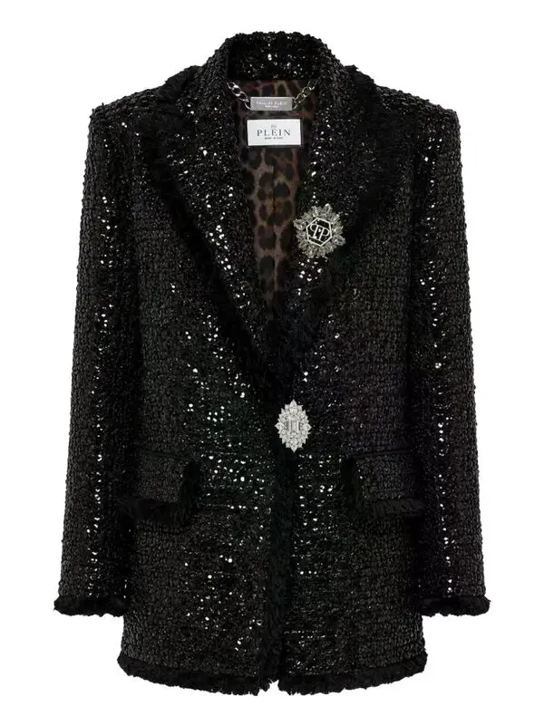 Philipp Plein Tweed Boyfriend's Fit Blazer Paillettes - Black