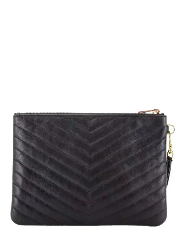 Saint Laurent Classic Monogram Wristlet Pouch Matelasse Chevron Leather Small Clutch Bag - Black